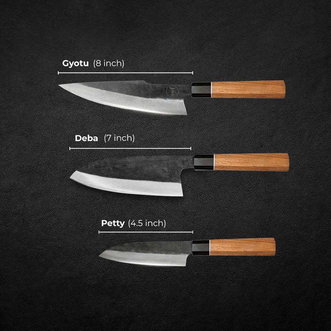 3-Piece Essential Kitchen Knife Set, Hand-Forged Blue Steel Knives (Gy